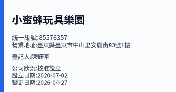 小蜜蜂玩具樂園的照片-統編 85576357(臺東縣) 公司登記資料與營業項目詳細圖表