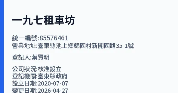 一九七租車坊的照片-統編 85576461(臺東縣) 公司登記資料與營業項目詳細圖表