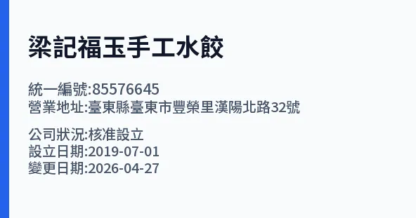梁記福玉手工水餃的照片-統編 85576645(臺東縣) 公司登記資料與營業項目詳細圖表