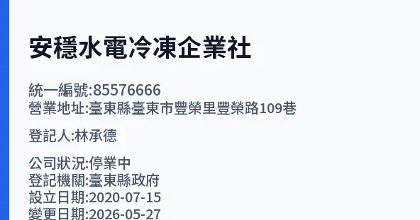 安穩水電冷凍企業社的照片-統編 85576666(臺東縣) 公司登記資料與營業項目詳細圖表