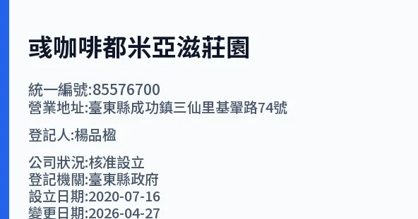 彧咖啡都米亞滋莊園的照片-統編 85576700(臺東縣) 公司登記資料與營業項目詳細圖表