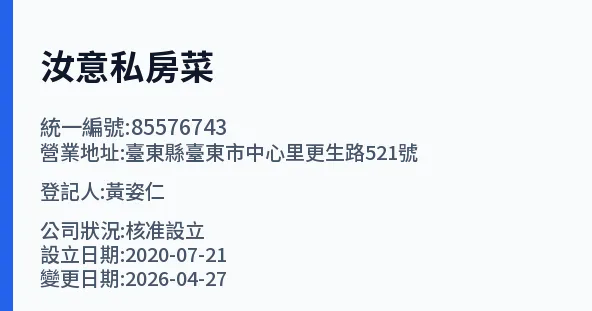 汝意私房菜的照片-統編 85576743(臺東縣) 公司登記資料與營業項目詳細圖表