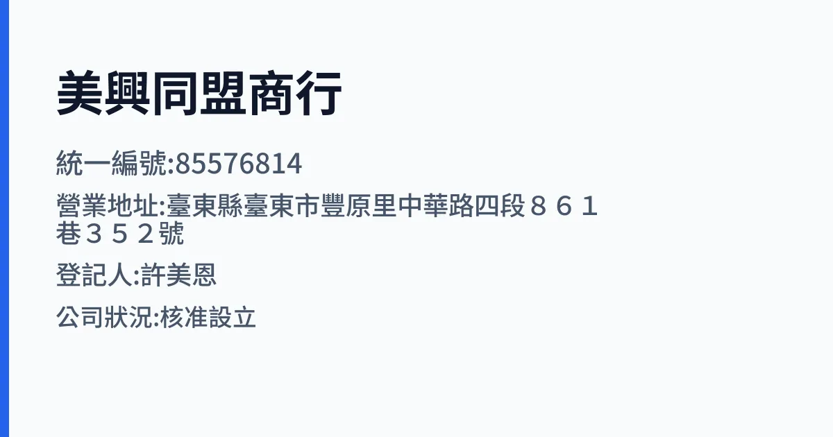 美興同盟商行 - 統編 85576814(臺東縣) 公司登記資料與營業項目詳細圖表