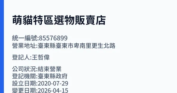 萌貓特區選物販賣店的照片-統編 85576899(臺東縣) 公司登記資料與營業項目詳細圖表