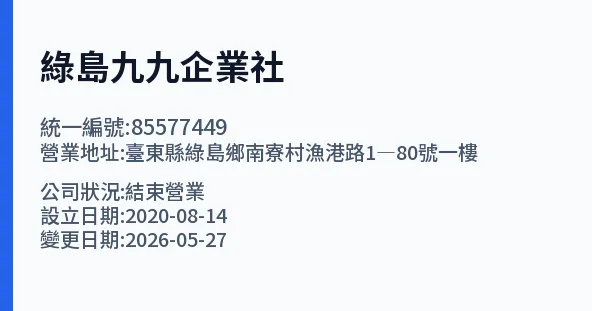 綠島九九企業社的照片-統編 85577449(臺東縣) 公司登記資料與營業項目詳細圖表