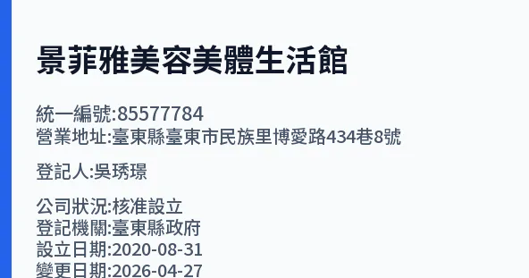景菲雅美容美體生活館的照片-統編 85577784(臺東縣) 公司登記資料與營業項目詳細圖表