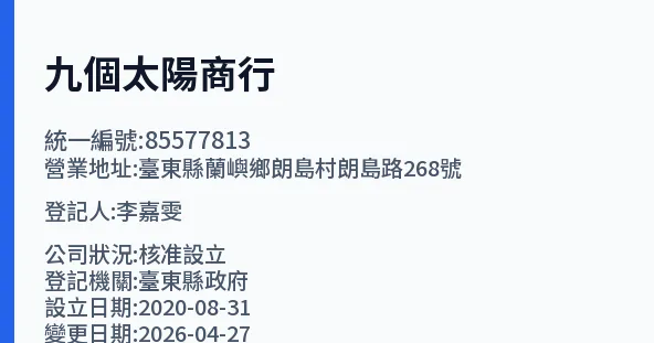 九個太陽商行的照片-統編 85577813(臺東縣) 公司登記資料與營業項目詳細圖表
