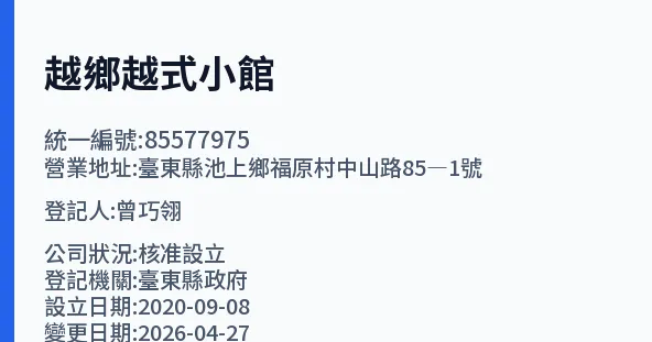 越鄉越式小館的照片-統編 85577975(臺東縣) 公司登記資料與營業項目詳細圖表