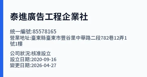 泰進廣告工程企業社的照片-統編 85578165(臺東縣) 公司登記資料與營業項目詳細圖表