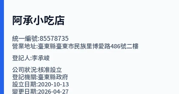 阿承小吃店的照片-統編 85578735(臺東縣) 公司登記資料與營業項目詳細圖表