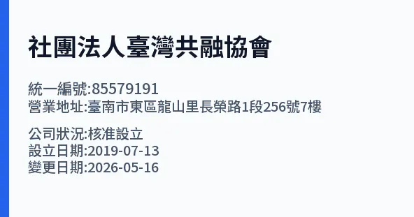 社團法人臺灣共融協會的照片-統編 85579191(臺南市) 公司登記資料與營業項目詳細圖表
