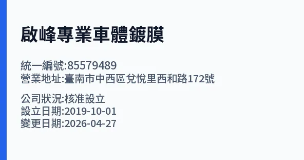 啟峰專業車體鍍膜的照片-統編 85579489(臺南市) 公司登記資料與營業項目詳細圖表