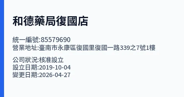 和德藥局復國店的照片-統編 85579690(臺南市) 公司登記資料與營業項目詳細圖表