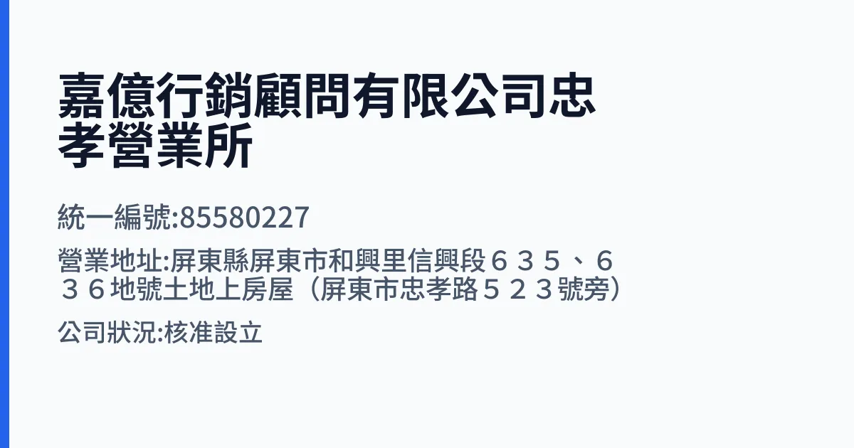 嘉億行銷顧問有限公司忠孝營業所 - 統編 85580227（屏東縣） 公司登記資料與營業項目詳細圖表