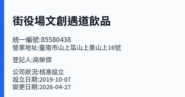 街役場文創遇道飲品的照片-統編 85580438(臺南市) 公司登記資料與營業項目詳細圖表