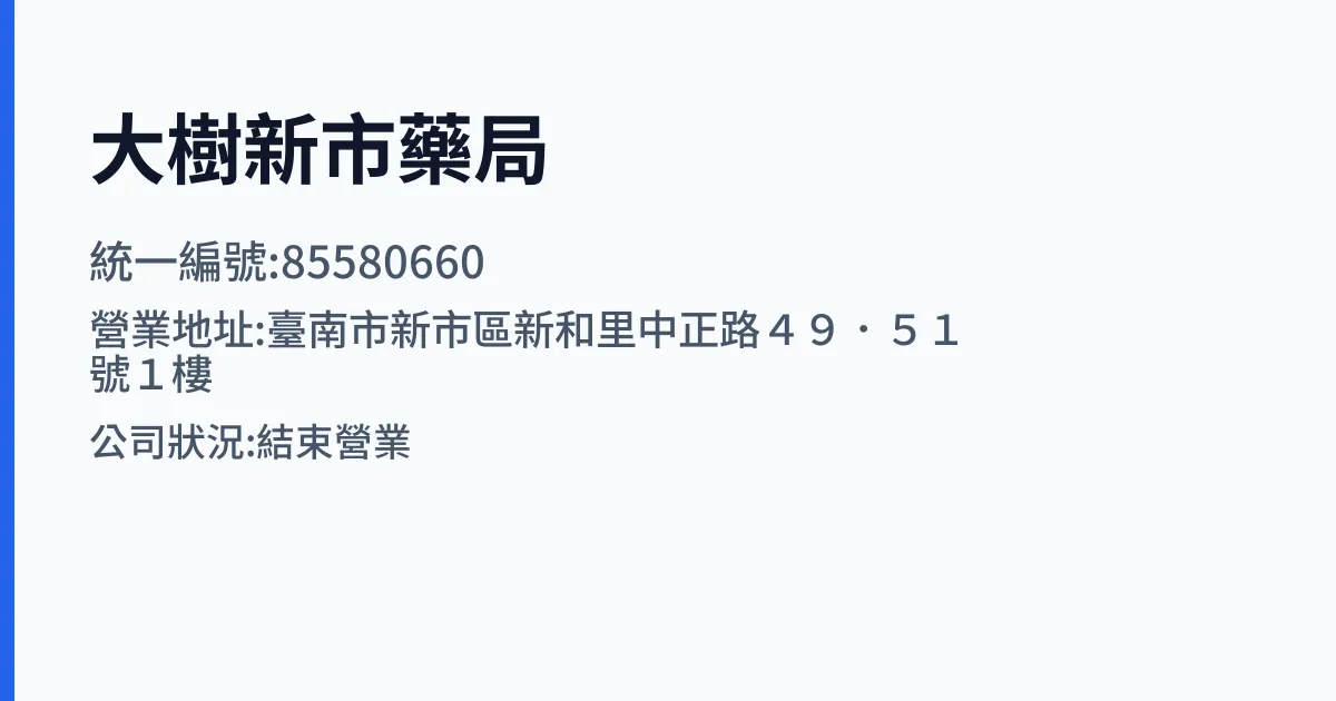 大樹新市藥局 - 統編 85580660(臺南市) 公司登記資料與營業項目詳細圖表