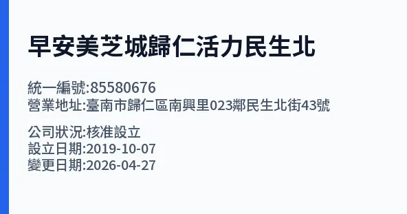 早安美芝城歸仁活力民生北的照片-統編 85580676(臺南市) 公司登記資料與營業項目詳細圖表
