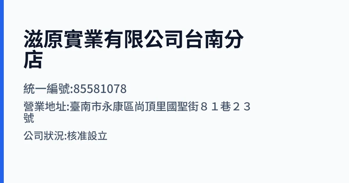 滋原實業有限公司台南分店 - 統編 85581078(臺南市) 公司登記資料與營業項目詳細圖表