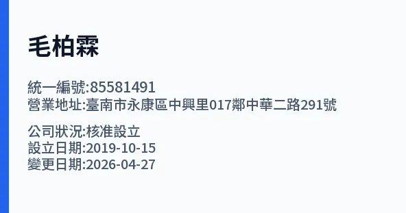 毛柏霖的照片-統編 85581491(臺南市) 公司登記資料與營業項目詳細圖表