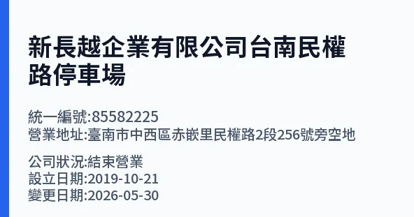 新長越企業有限公司台南民權路停車場的照片-統編 85582225(臺南市) 公司登記資料與營業項目詳細圖表