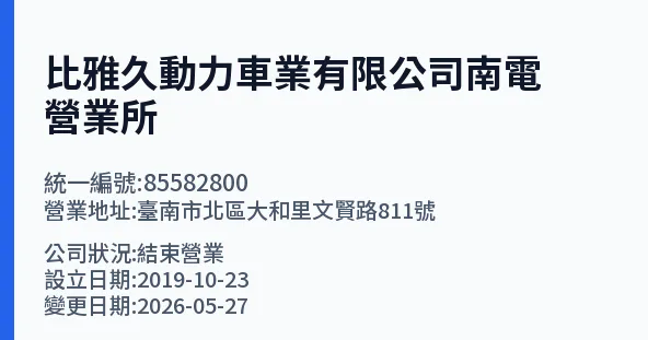 比雅久動力車業有限公司南電營業所的照片-統編 85582800(臺南市) 公司登記資料與營業項目詳細圖表