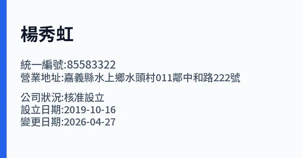 楊秀虹的照片-統編 85583322(嘉義縣) 公司登記資料與營業項目詳細圖表