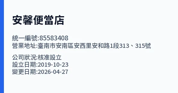 安馨便當店的照片-統編 85583408(臺南市) 公司登記資料與營業項目詳細圖表