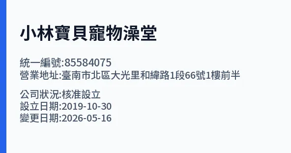 小林寶貝寵物澡堂的照片-統編 85584075(臺南市) 公司登記資料與營業項目詳細圖表