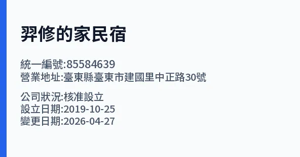 羿修的家民宿的照片-統編 85584639(臺東縣) 公司登記資料與營業項目詳細圖表