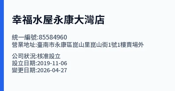 幸福水屋永康大灣店的照片-統編 85584960(臺南市) 公司登記資料與營業項目詳細圖表