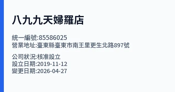 八九九天婦羅店的照片-統編 85586025(臺東縣) 公司登記資料與營業項目詳細圖表