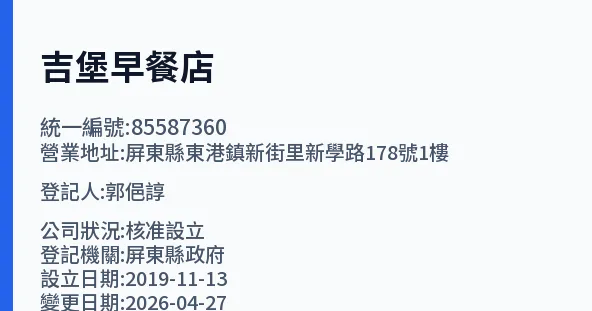 吉堡早餐店的照片-統編 85587360(屏東縣) 公司登記資料與營業項目詳細圖表