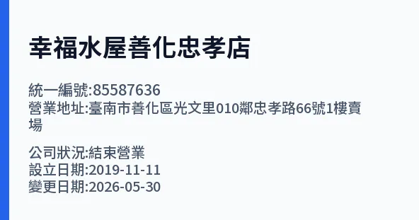 幸福水屋善化忠孝店的照片-統編 85587636(臺南市) 公司登記資料與營業項目詳細圖表