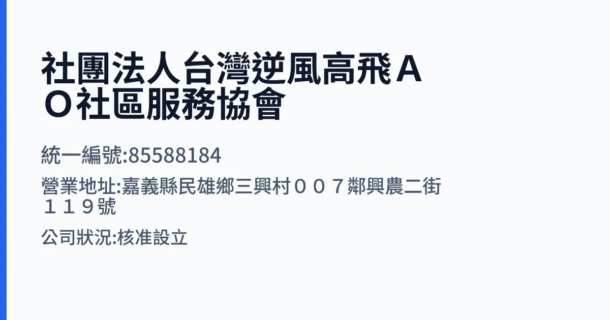社團法人台灣逆風高飛AO社區服務協會 - 統編 85588184(嘉義縣) 公司登記資料與營業項目詳細圖表