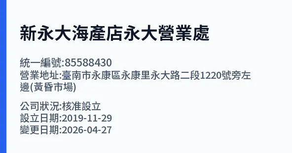 新永大海產店永大營業處的照片-統編 85588430(臺南市) 公司登記資料與營業項目詳細圖表