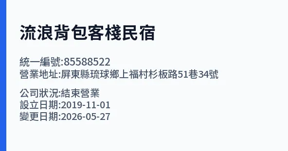流浪背包客棧民宿的照片-統編 85588522(屏東縣) 公司登記資料與營業項目詳細圖表
