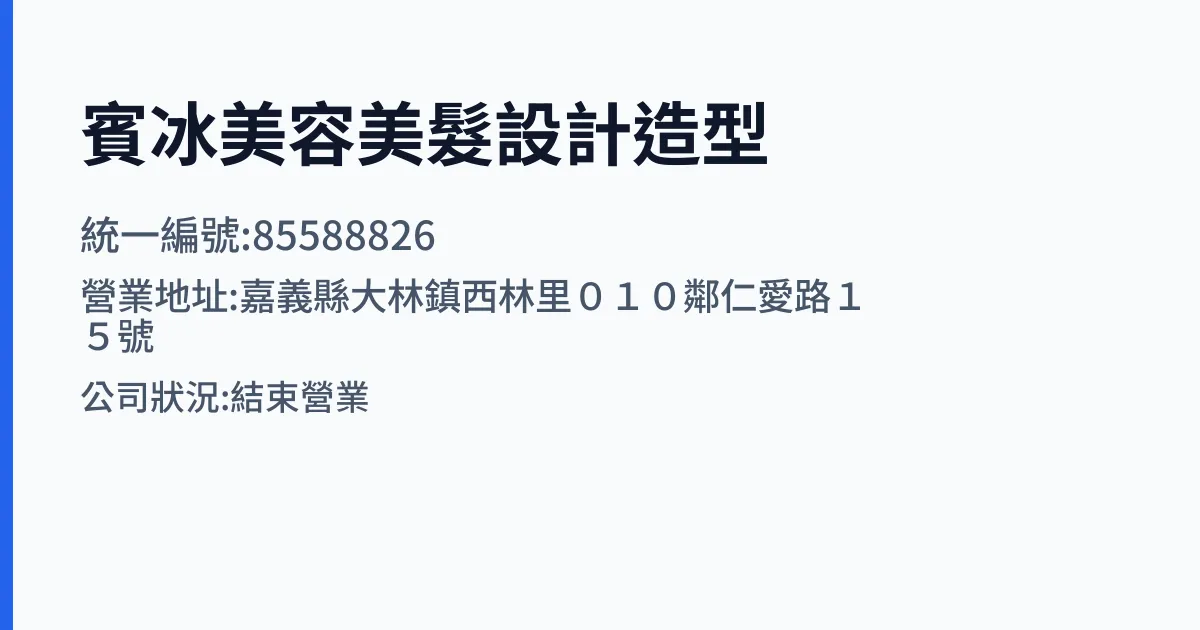 賓冰美容美髮設計造型 - 統編 85588826(嘉義縣) 公司登記資料與營業項目詳細圖表