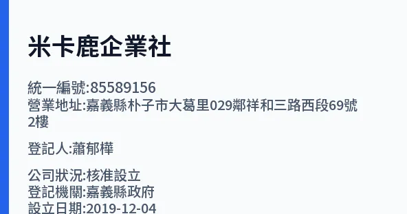 米卡鹿企業社的照片-統編 85589156(嘉義縣) 公司登記資料與營業項目詳細圖表