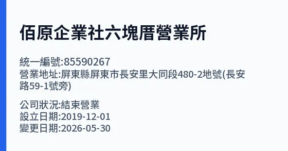 佰原企業社六塊厝營業所的照片-統編 85590267(屏東縣) 公司登記資料與營業項目詳細圖表