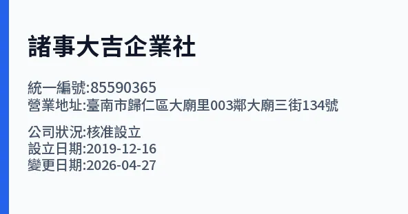 諸事大吉企業社的照片-統編 85590365(臺南市) 公司登記資料與營業項目詳細圖表