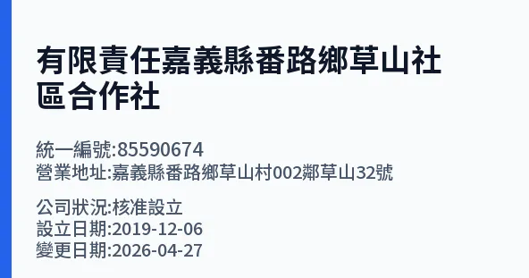 有限責任嘉義縣番路鄉草山社區合作社的照片-統編 85590674(嘉義縣) 公司登記資料與營業項目詳細圖表