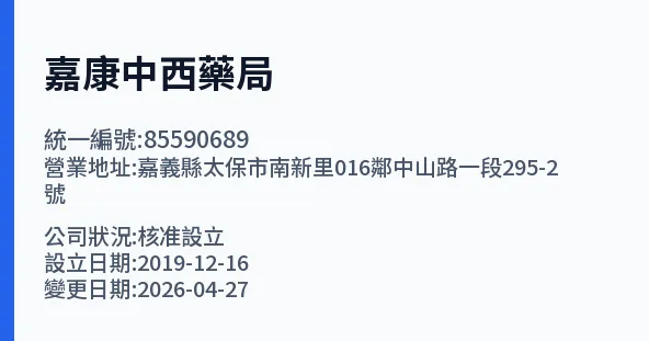 嘉康中西藥局的照片-統編 85590689(嘉義縣) 公司登記資料與營業項目詳細圖表