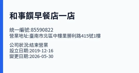 和事饌早餐店一店的照片-統編 85590822(臺南市) 公司登記資料與營業項目詳細圖表