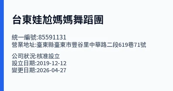 台東娃尬媽媽舞蹈團的照片-統編 85591131(臺東縣) 公司登記資料與營業項目詳細圖表