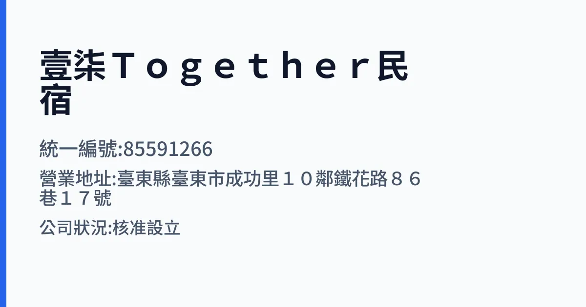 壹柒Ｔｏｇｅｔｈｅｒ民宿 - 統編 85591266(臺東縣) 公司登記資料與營業項目詳細圖表