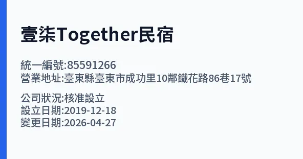 壹柒Together民宿的照片-統編 85591266(臺東縣) 公司登記資料與營業項目詳細圖表