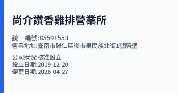 尚介讚香雞排營業所的照片-統編 85591553(臺南市) 公司登記資料與營業項目詳細圖表