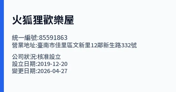 火狐狸歡樂屋的照片-統編 85591863(臺南市) 公司登記資料與營業項目詳細圖表