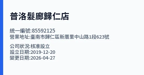 普洛髮廊歸仁店的照片-統編 85592125(臺南市) 公司登記資料與營業項目詳細圖表