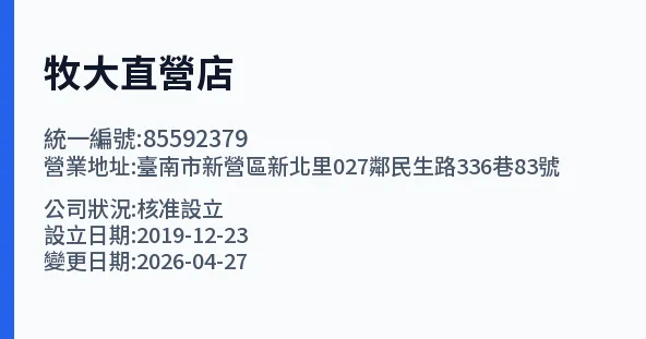 牧大直營店的照片-統編 85592379(臺南市) 公司登記資料與營業項目詳細圖表
